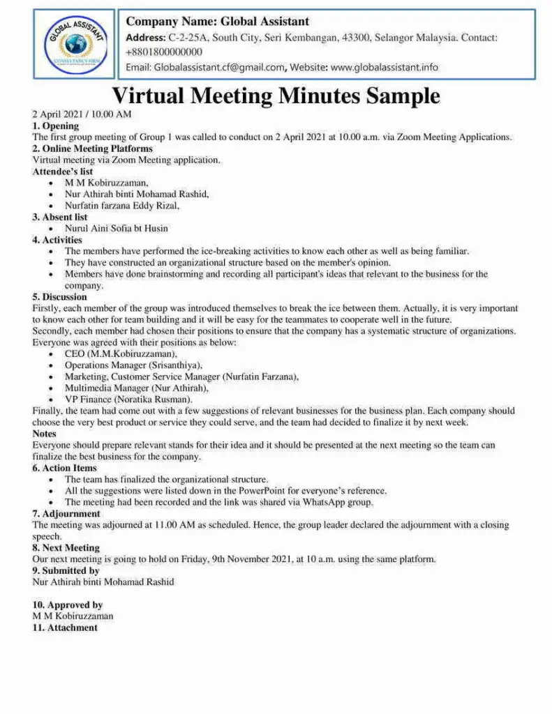 Online Meeting Minutes Virtual Meeting Minutes Sample Example